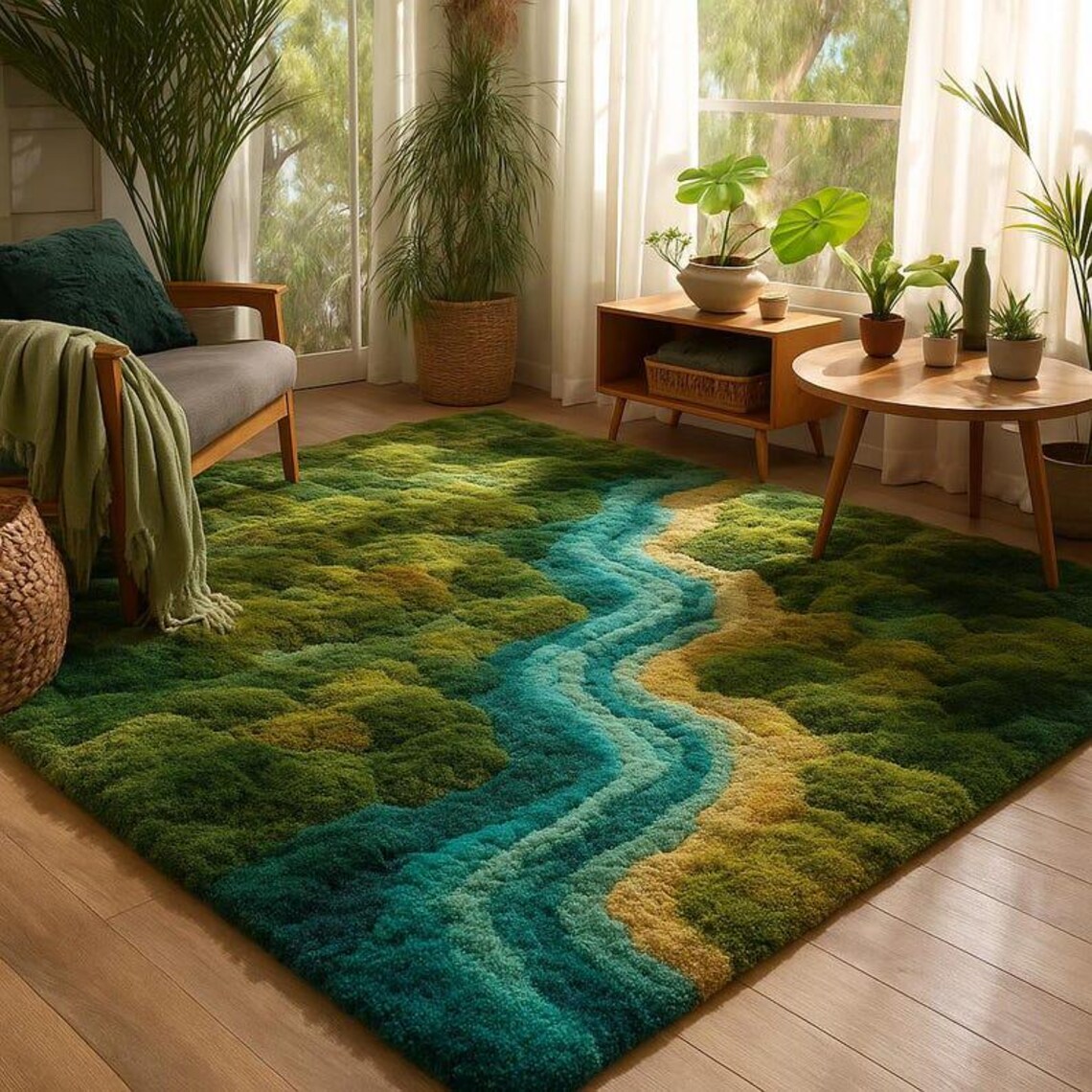 Forest River Tufted Rug, Nature Landscape Wool Rug, Moss Green Area Rug ...