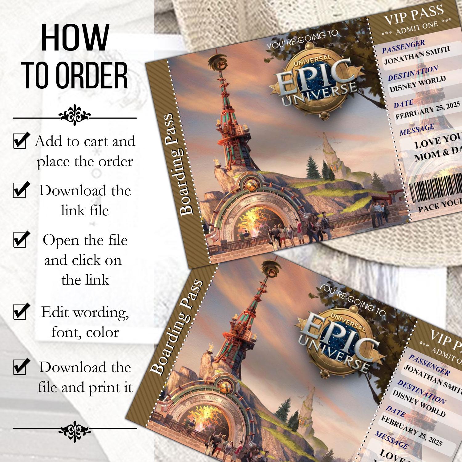 Editable Universal Epic Universe Surprise Ticket, Universal Reveal ...