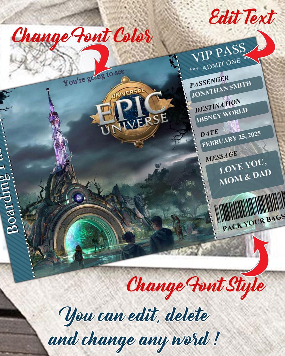 Editable Universal Epic Universe Surprise Ticket, Universal Reveal ...