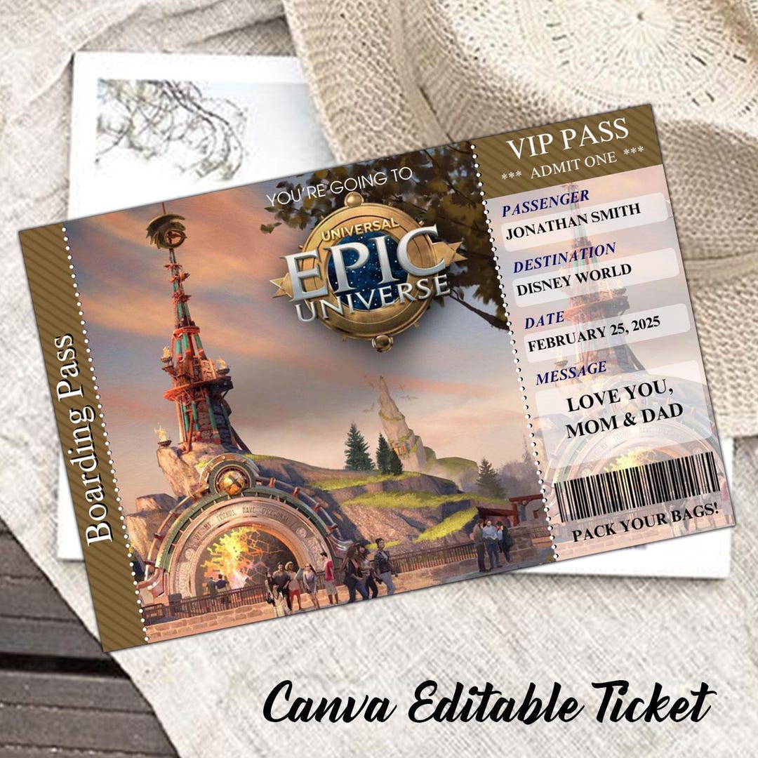 Editable Universal Epic Universe Surprise Ticket, Universal Reveal ...