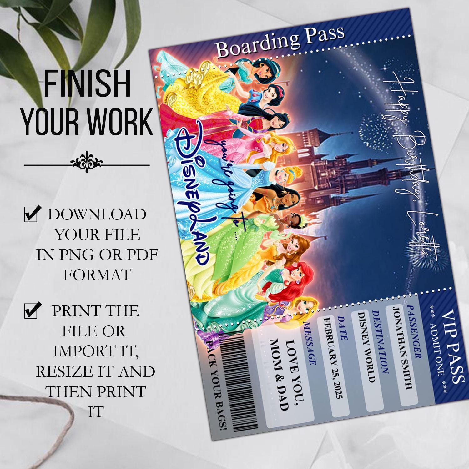 Editable Disneyworld Disneyland Princesses Surprise Ticket, Disneyland ...