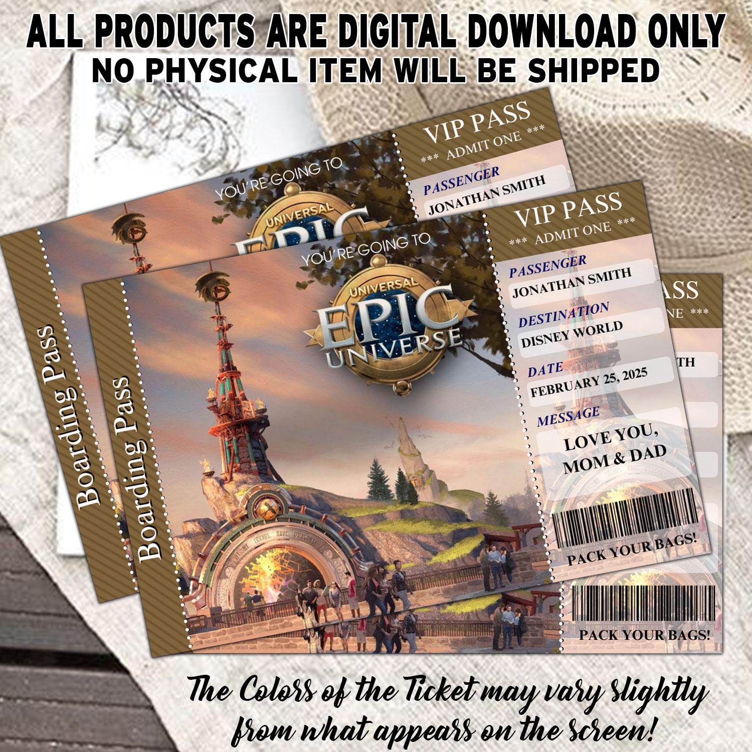 Editable Universal Epic Universe Surprise Ticket, Universal Reveal ...