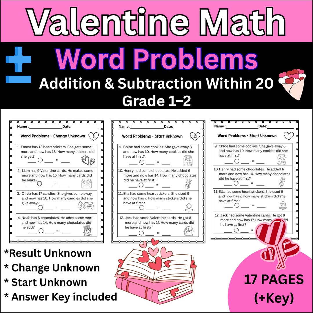Valentine Math Word Problems Worksheets | Addition & Subtraction Within ...