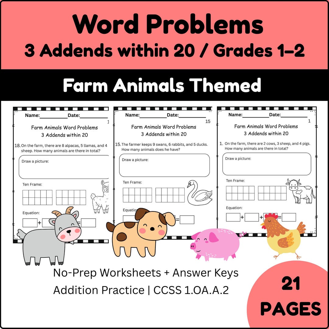 3 Addend Word Problems Within 20 | Grade 1–2 Math Worksheets | Farm ...