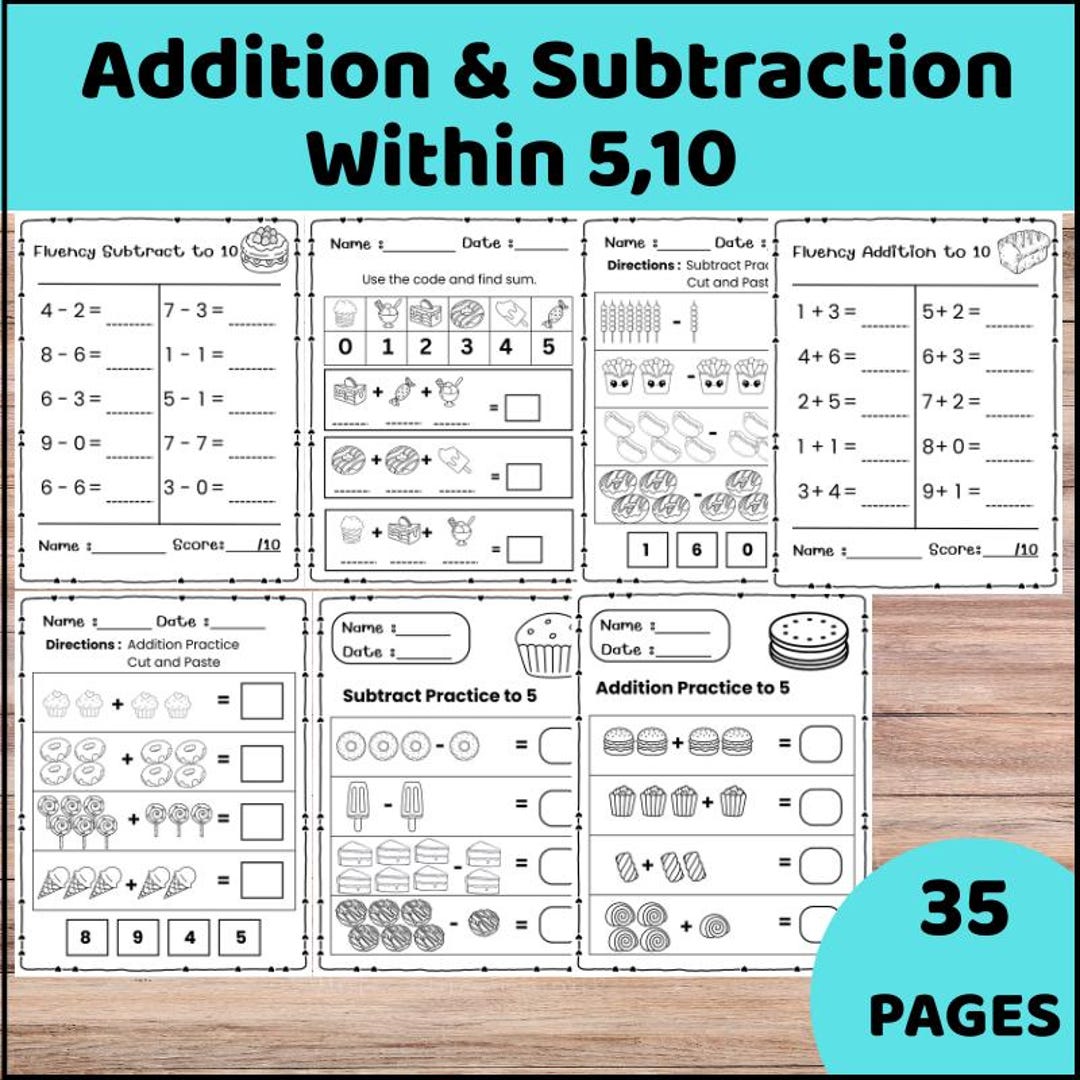 Addition & Subtraction Worksheets Math Facts Fluency Within 5,10 ...