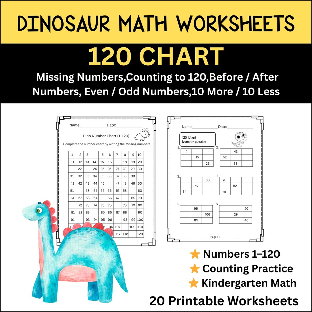 120 Chart Missing Numbers Worksheets | Dinosaur Counting to 120 ...