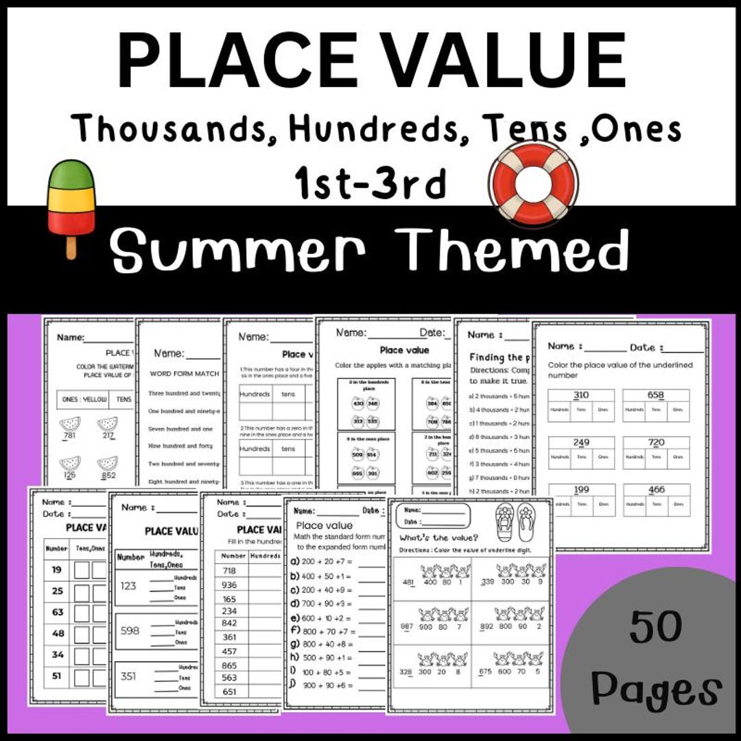 Summer Place Value Worksheets Bundle Thousands Hundreds Mens Ones Pdf ...