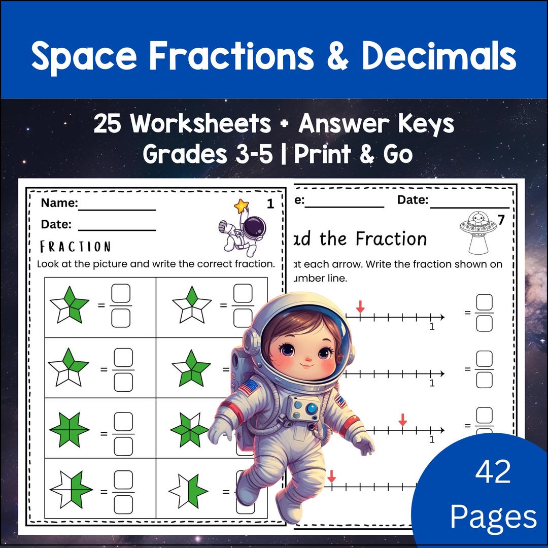 Space Fractions & Decimals Worksheets | Number Lines, Tenths/hundredths ...