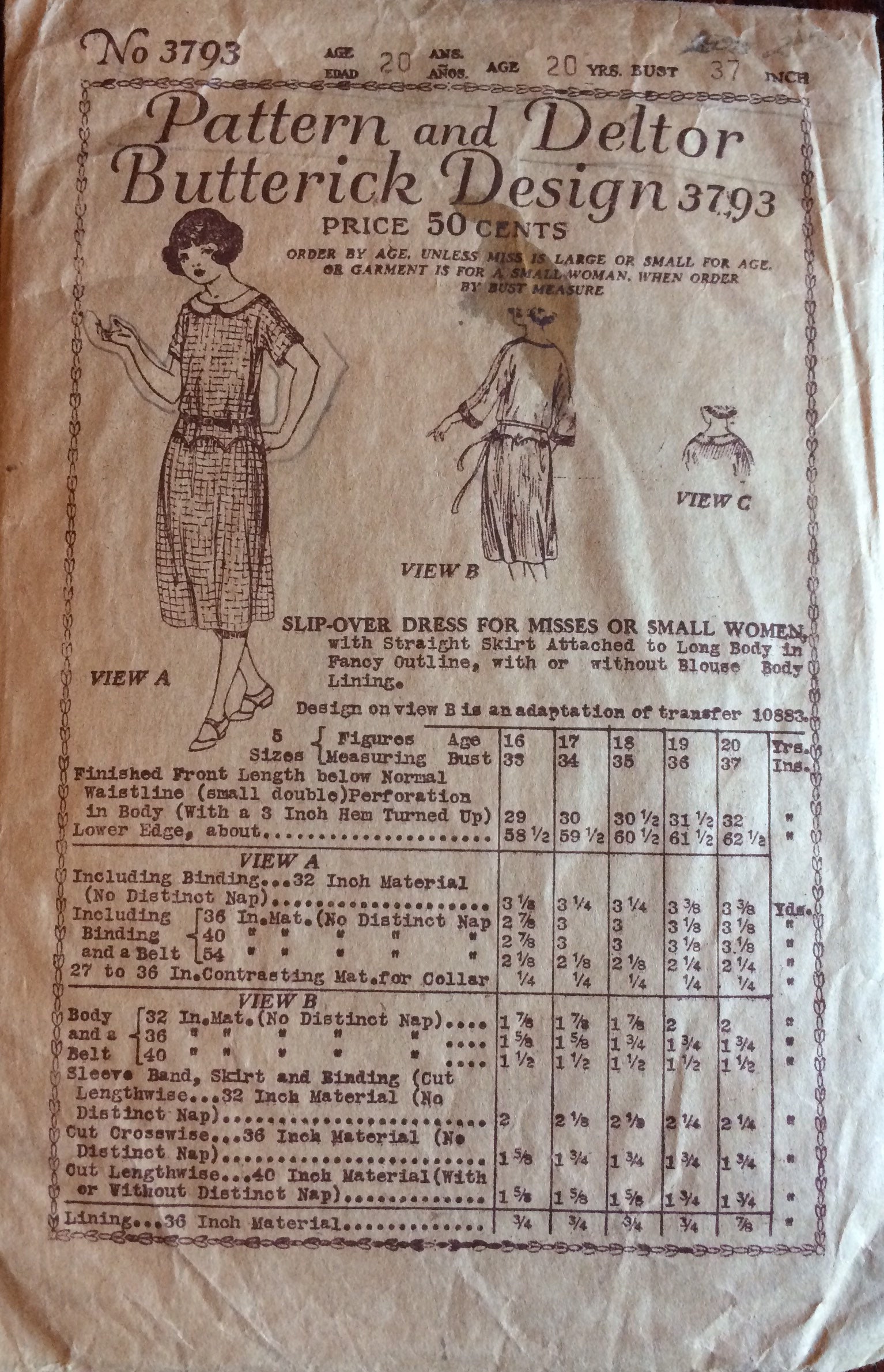 1920s Butterick Design 3793 Pattern and Deltor Slip-over Dress ...