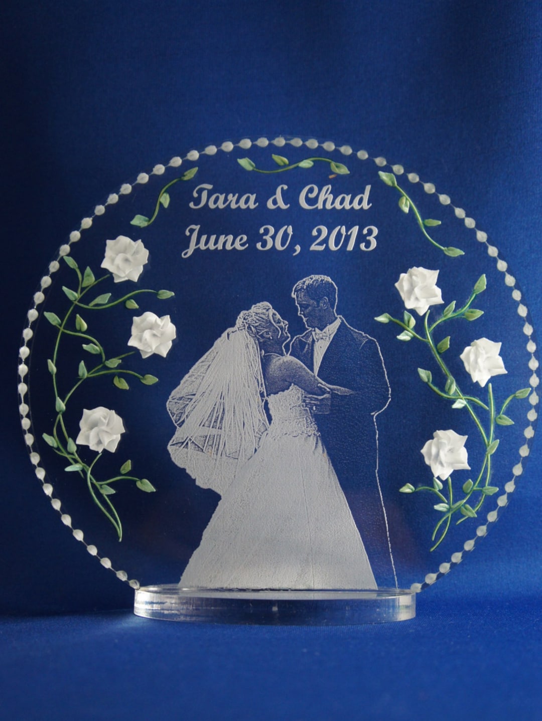 Photo Cake Topper Etched With 3D Hand Engraved Flowers Acrylic Clear ...