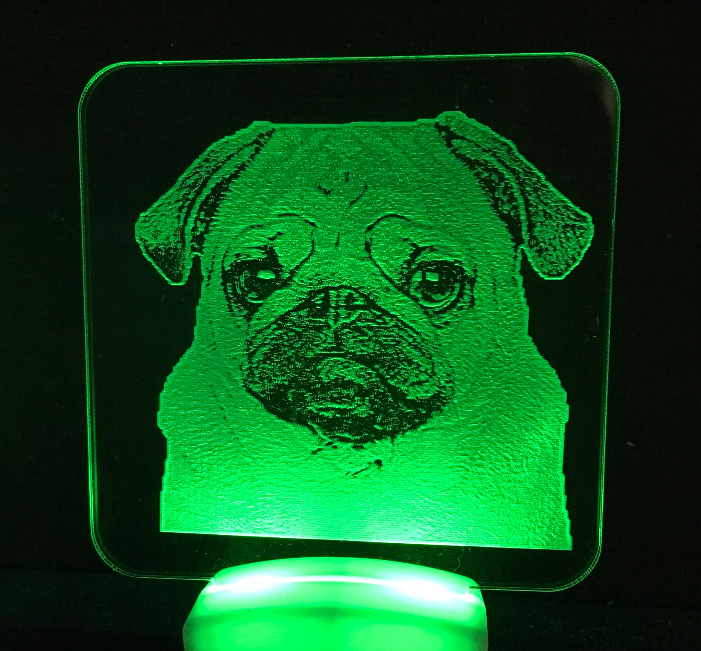 Pug Dog LED Night Light Etched in Clear Glass Like Acrylic Plexiglas ...