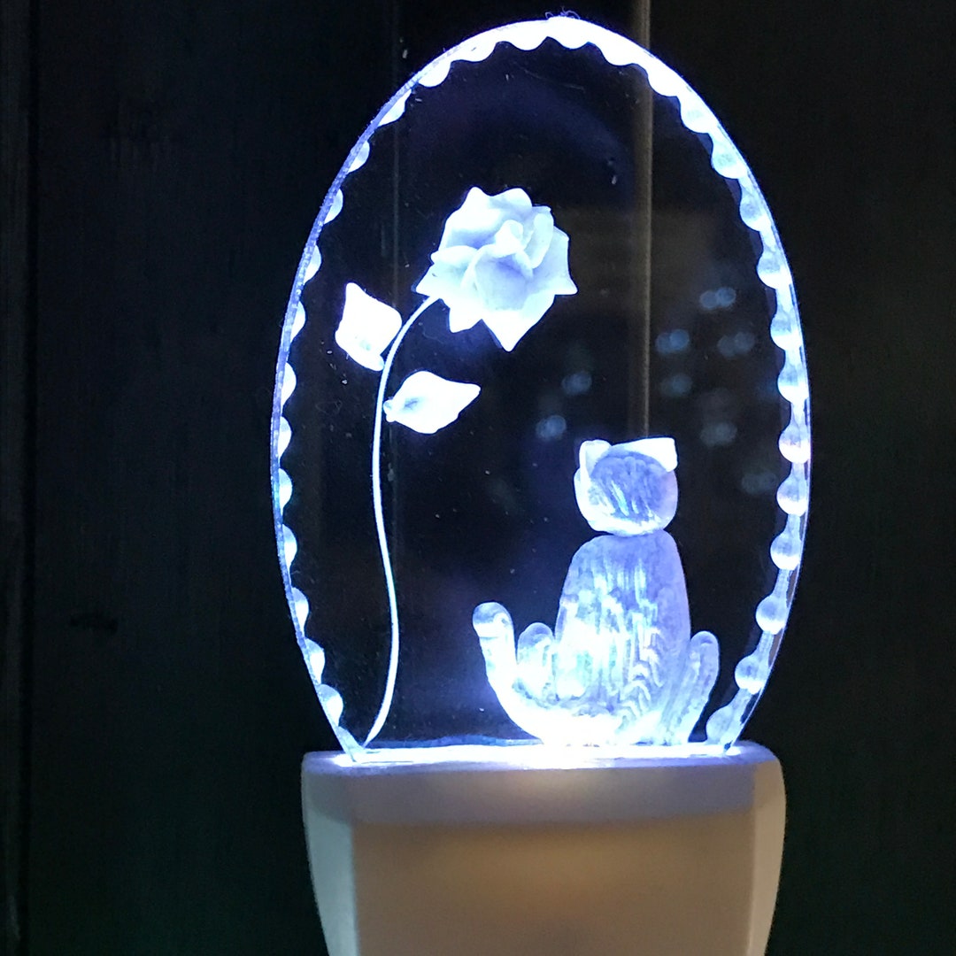 Cat Night Light With Rose Plug in Hand Carved in Clear Acrylic by ...