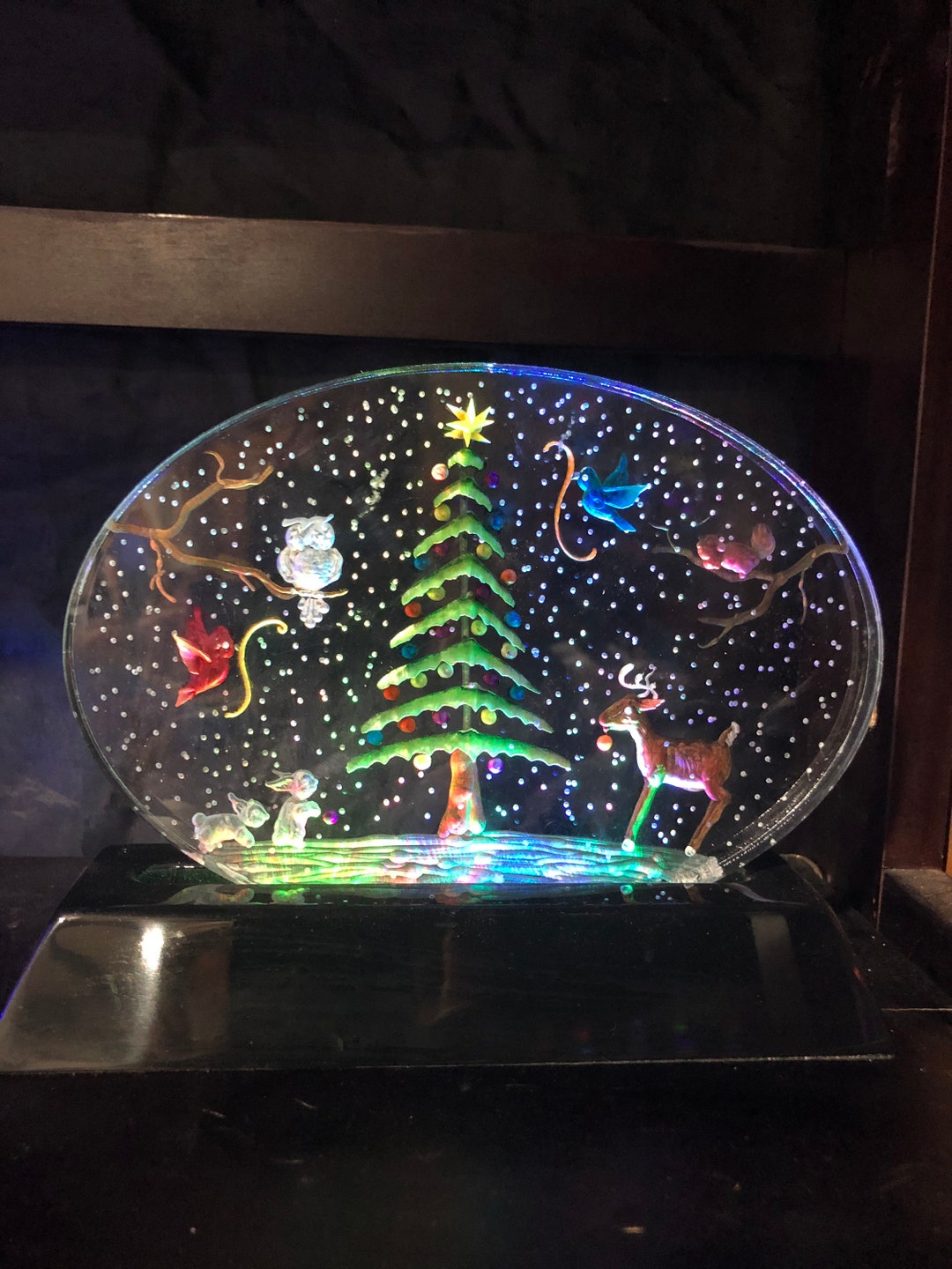 Christmas Forest Animals Decorating an Evergreen Tree Scene Hand Carved ...