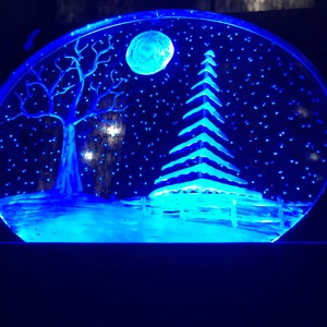 Evergreen and Tree in Snow Scene Hand Carved 5x7 With 3D LED Nightlight ...