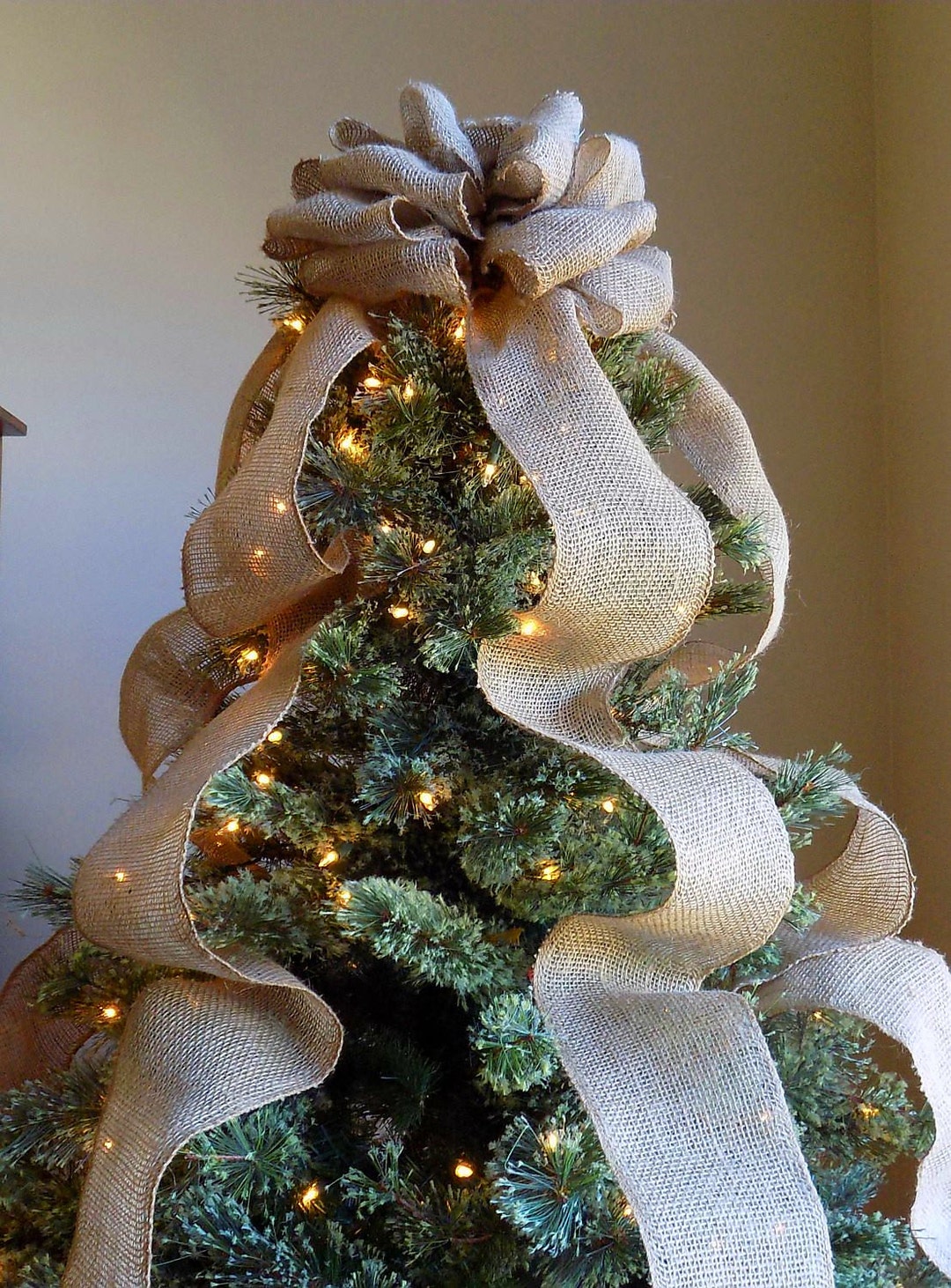 Burlap Christmas Tree Topper Bow, Rustic Topper, Shabby Chic Tree ...