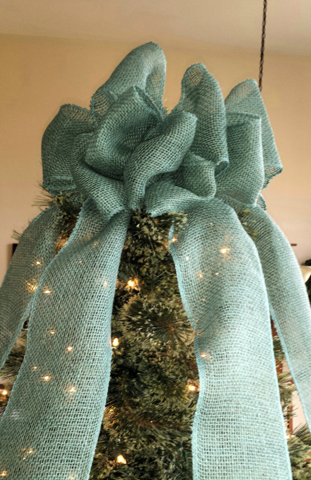 Teal Blue Burlap Christmas Tree Topper Bow, Rustic Topper, Black Burlap ...