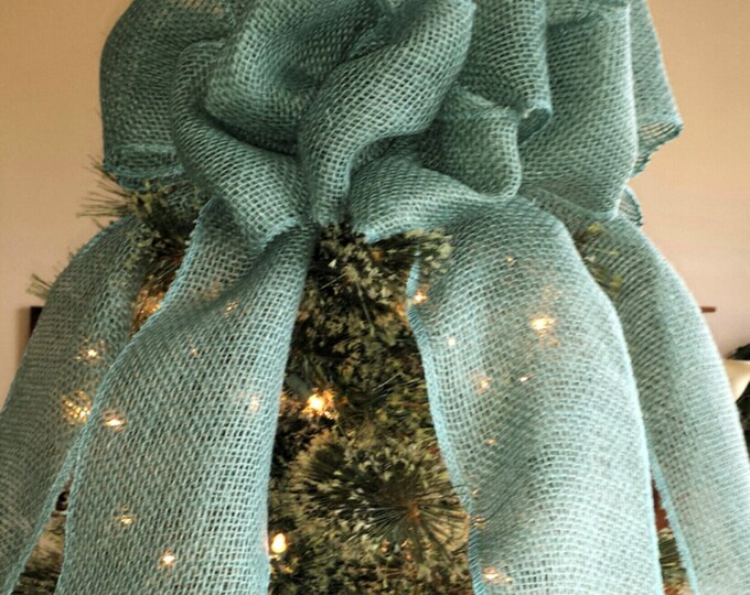 Teal Blue Burlap Christmas Tree Topper Bow, Rustic Topper, Black Burlap ...