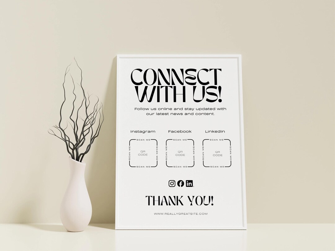 Connect With Us Sign • A4 Social Media QR Code Template • Editable ...