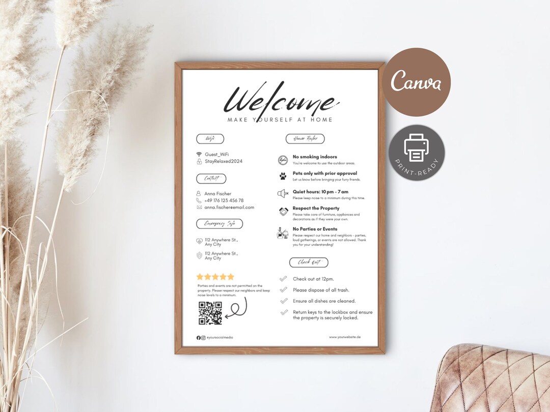 Welcome Guest Information Poster • Editable Canva Airbnb House Rules ...