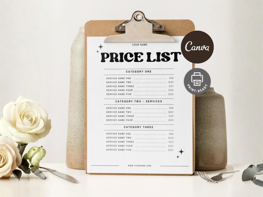 A4 Price List Template • Editable Canva Service Menu • Minimal Black ...