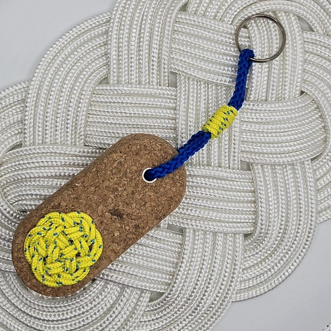 Floating Cork Keychain With Straw Knot, Yellow With Blue Motifs. - Etsy