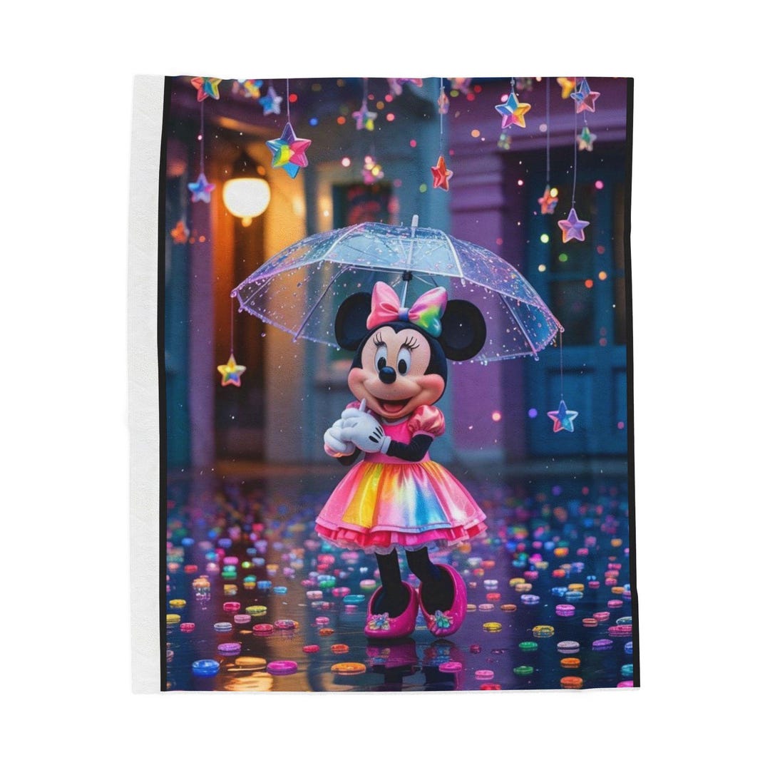 Rainbow Minnie Mouse in Rain Velveteen Plush Blanket | Cute Character ...