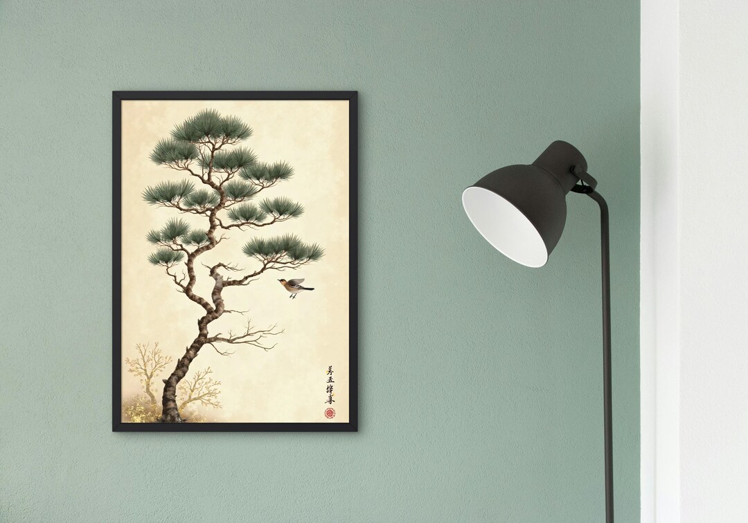 Japanese Pine Tree Wall Art | Zen Bird Poster | Minimalist Asian Print ...