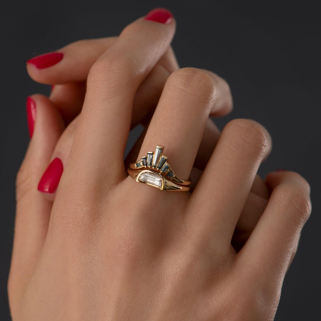 Solitaire Diamond Ring With Step Cut Half Moon Diamond, Signet Half ...