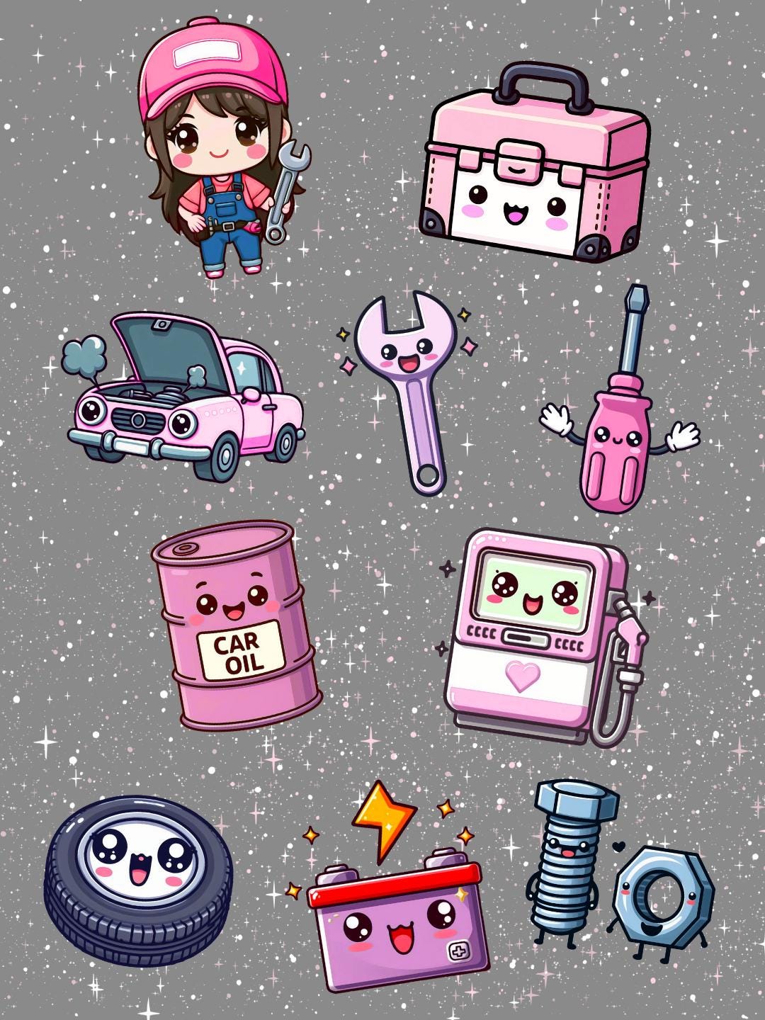 Kawaii Pink Mechanic Sticker Set - Holographic Star Laminated - Etsy