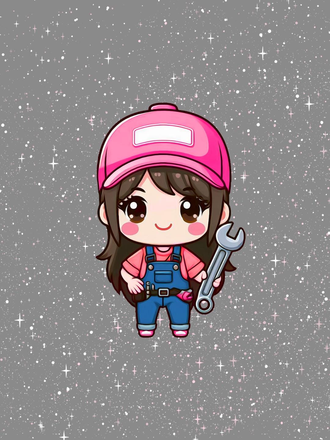 Kawaii Pink Female Mechanic Sticker - Holographic Star Laminated - Etsy