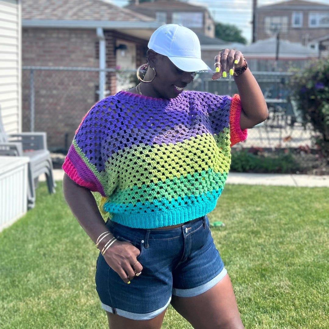Granny Groove Crochet Sweater – Rainbow Mesh Cropped Pullover ...
