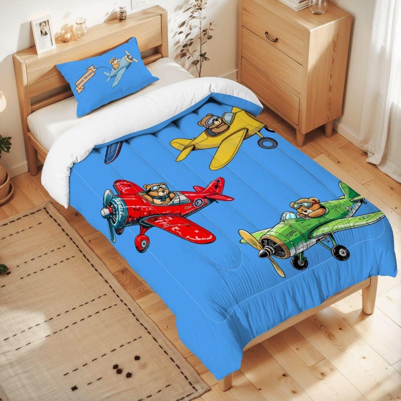 Teddy Bear Airplane Comforter Set: Kids Aviator Bedding - Etsy