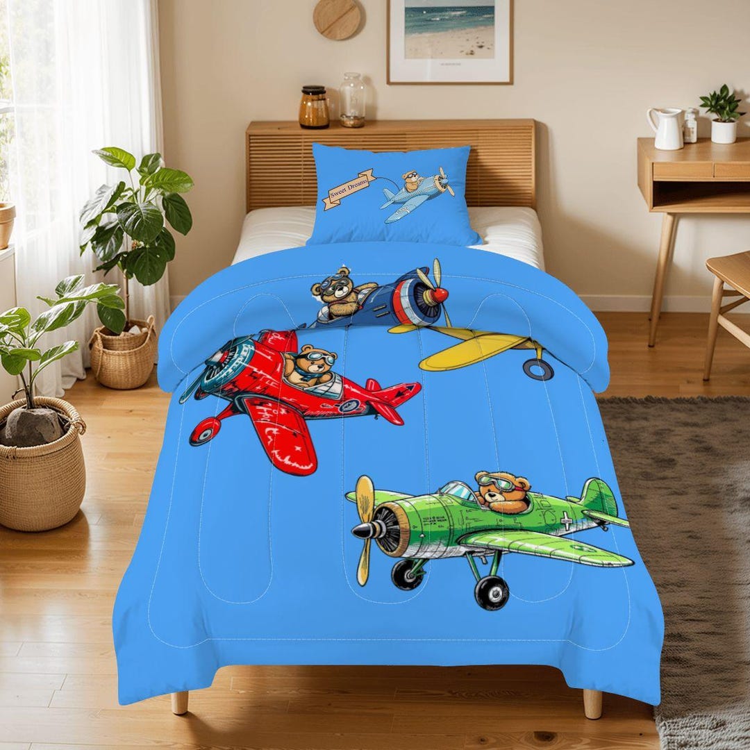 Teddy Bear Airplane Comforter Set: Kids Aviator Bedding - Etsy