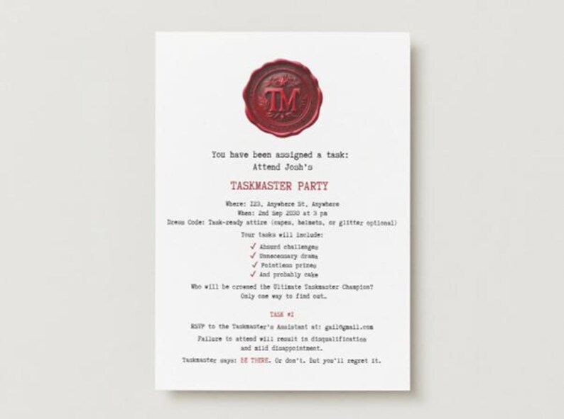 Taskmaster Birthday Invitation - Etsy