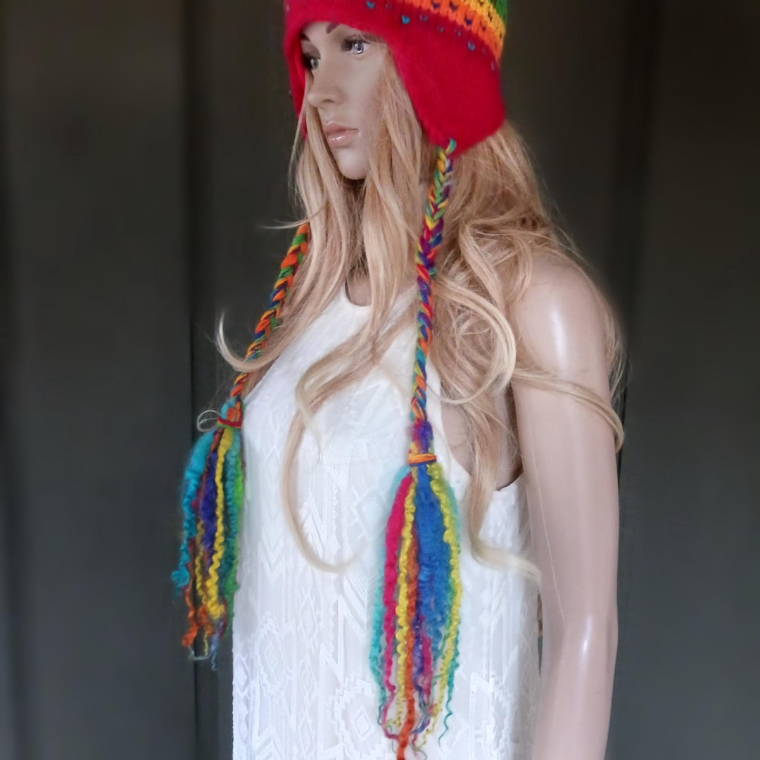 Hand Knit 100% Wool Ear Flap Hat With Braids and Tassels Lined With ...