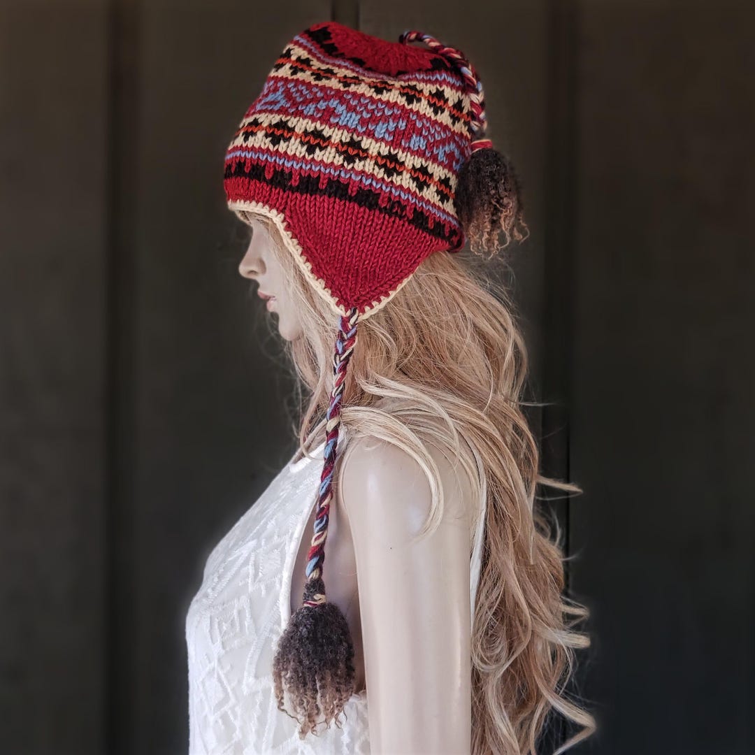 Hand Knit 100% Wool Ear Flap Hat With Braids and Tassels Lined With ...