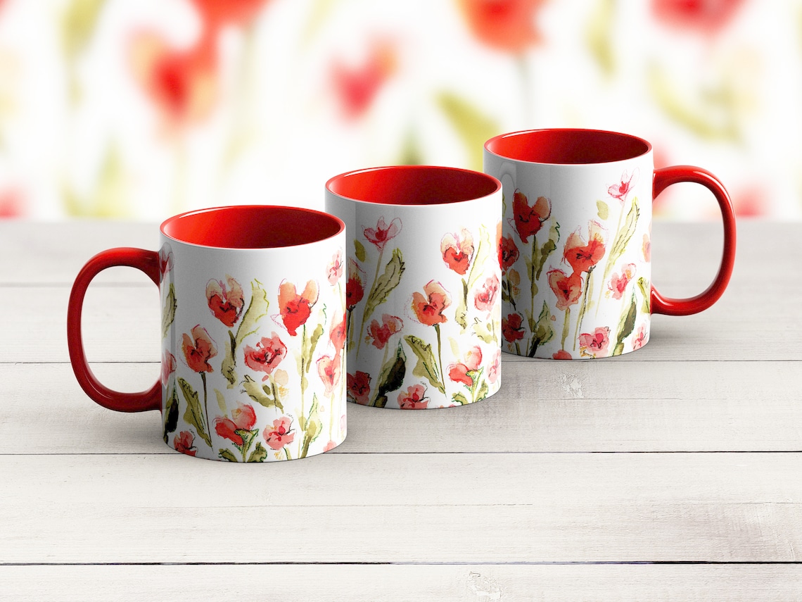 Red Watercolor Flowers Mug - Etsy