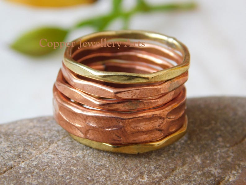 Hammered Copper Ring Set: Minimalist Stackable Rings, Thin Bands (5 ...