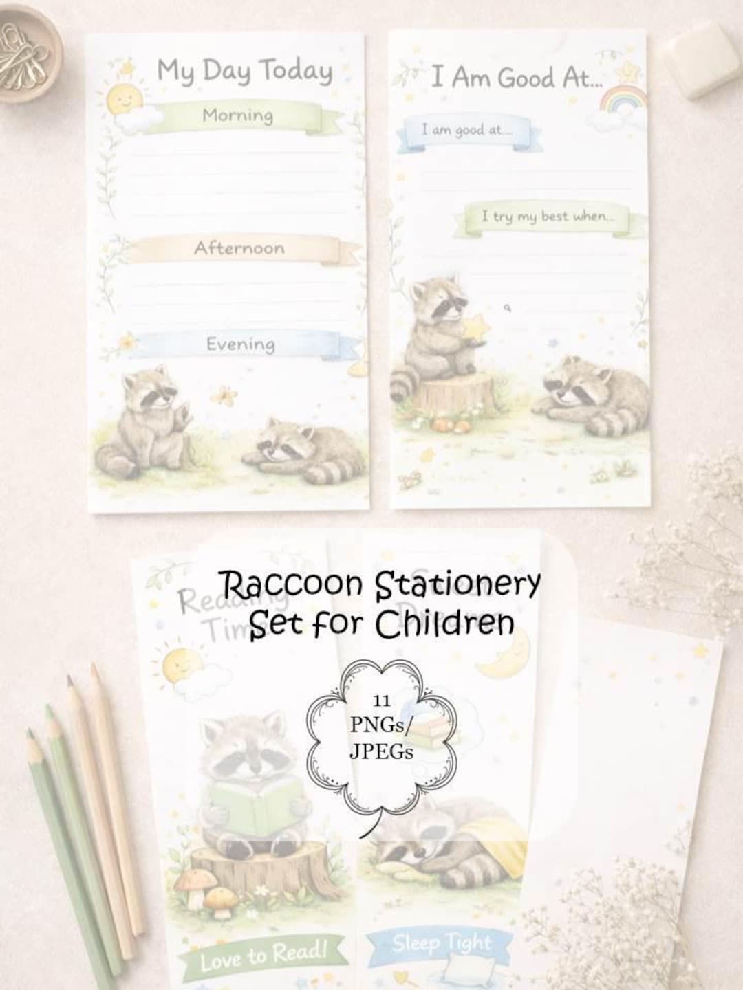 Raccoon Stationery Set for Children - Woodland Animals Digital Download ...