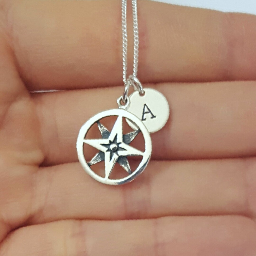 Sterling Silver Compass Necklace, Personalized Necklace, Initial ...
