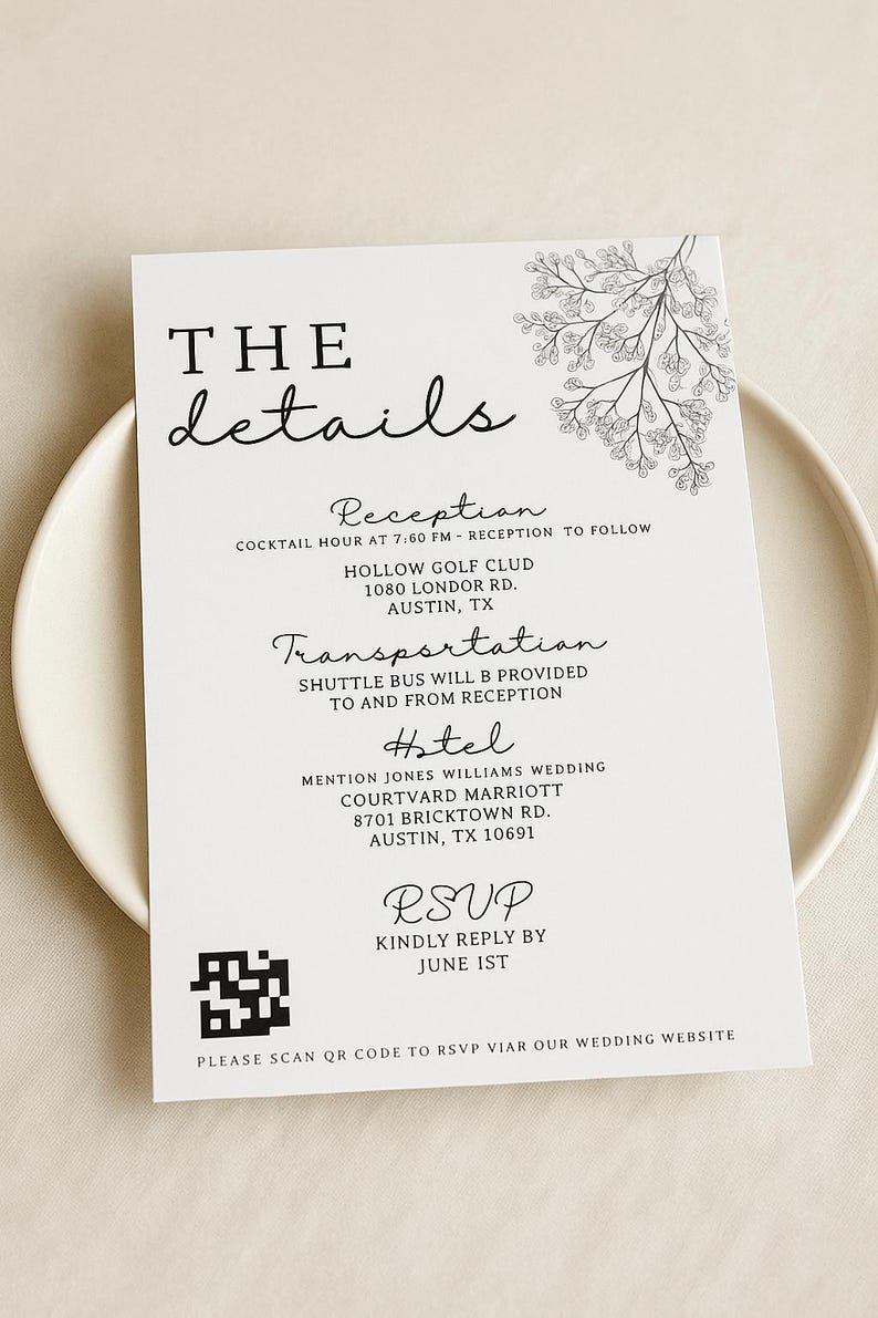 Editable Wedding Details Card Template: Minimalist RSVP & Info Insert ...