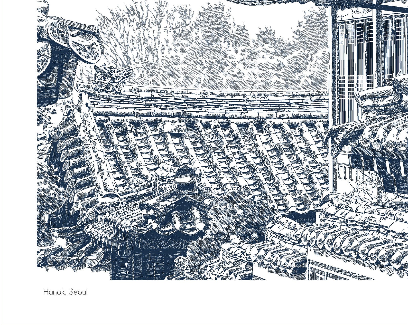 Hanok Seoul Pen / Ink Print – Blue & White Korean Architecture ...