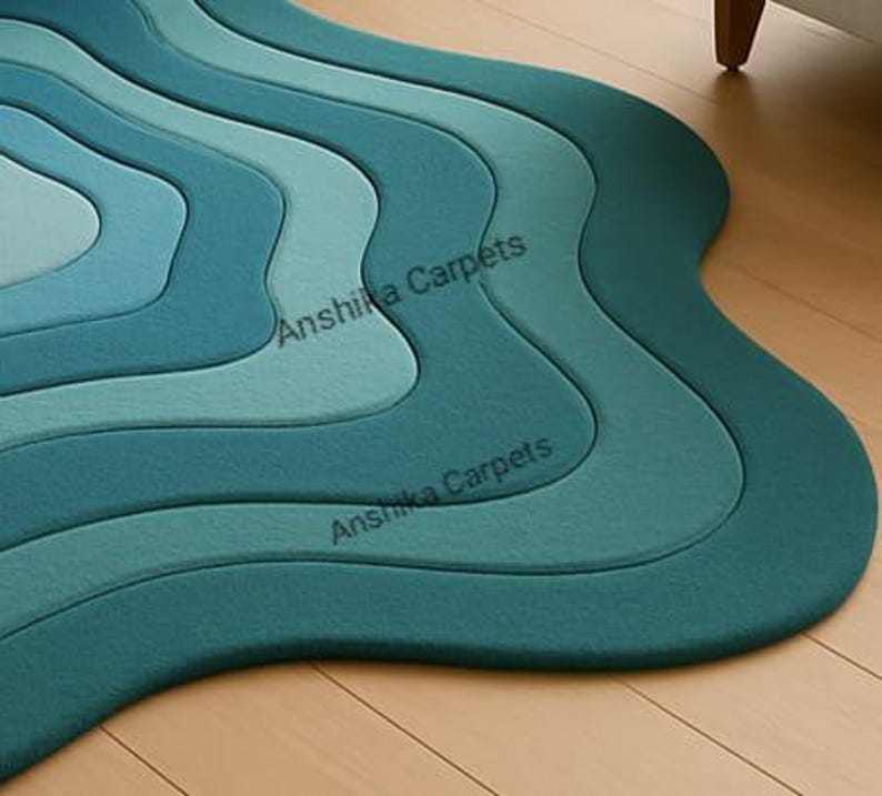 Modern Wavy Blue Tufted Rug 3D Layered Handmade Carpet Abstract Custom ...