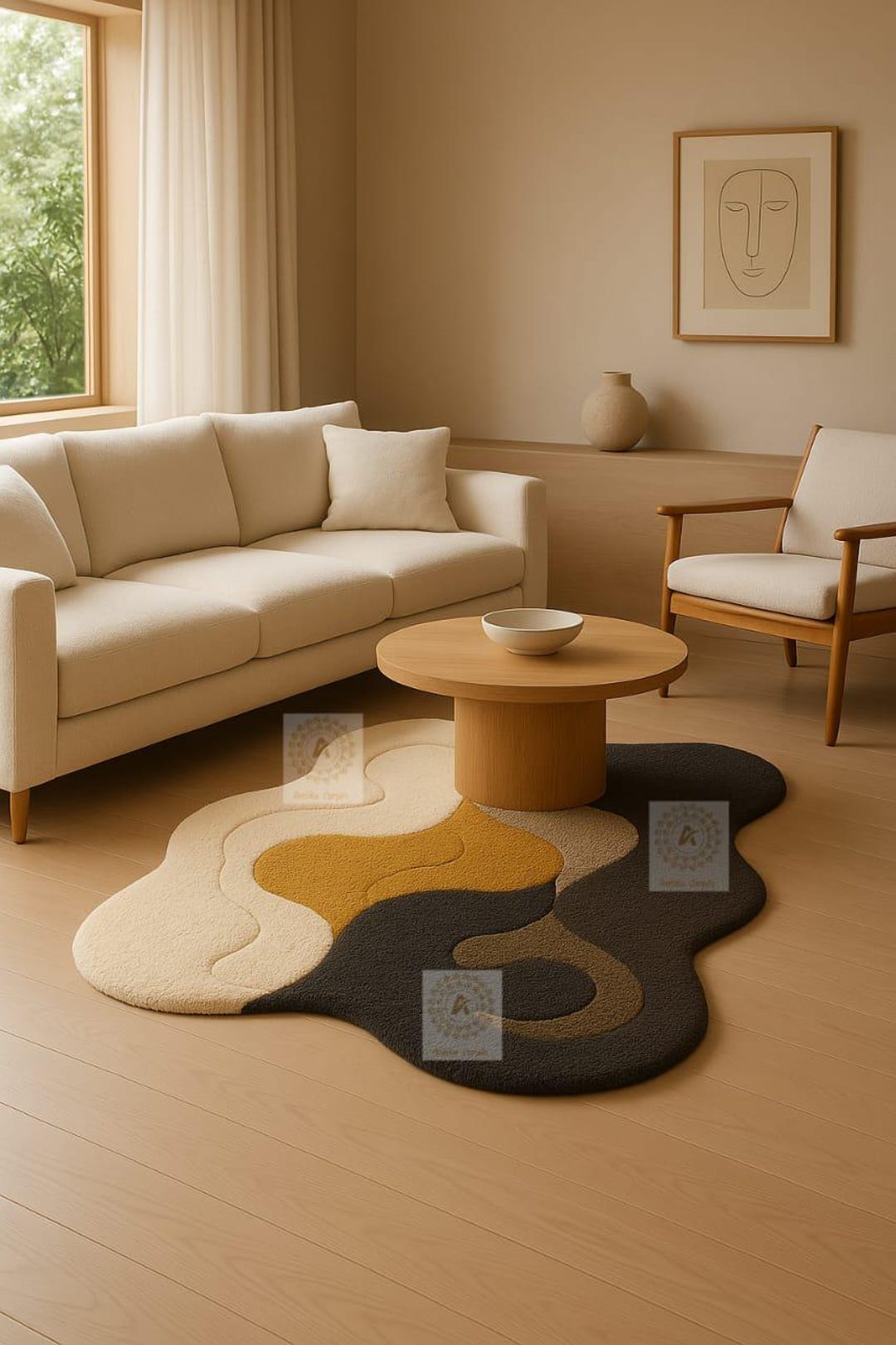 Abstract Wavy Tufted Rug Modern Handmade Area Rug in Neutral Tones Boho ...