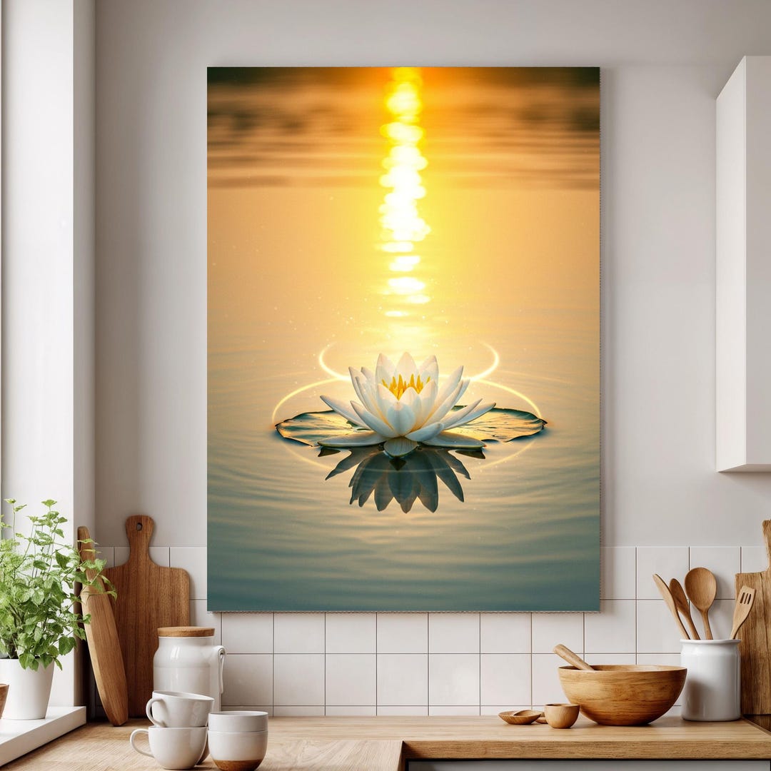 Golden Lotus Canvas Wall Art – Framed Spiritual Water Lily Print for ...
