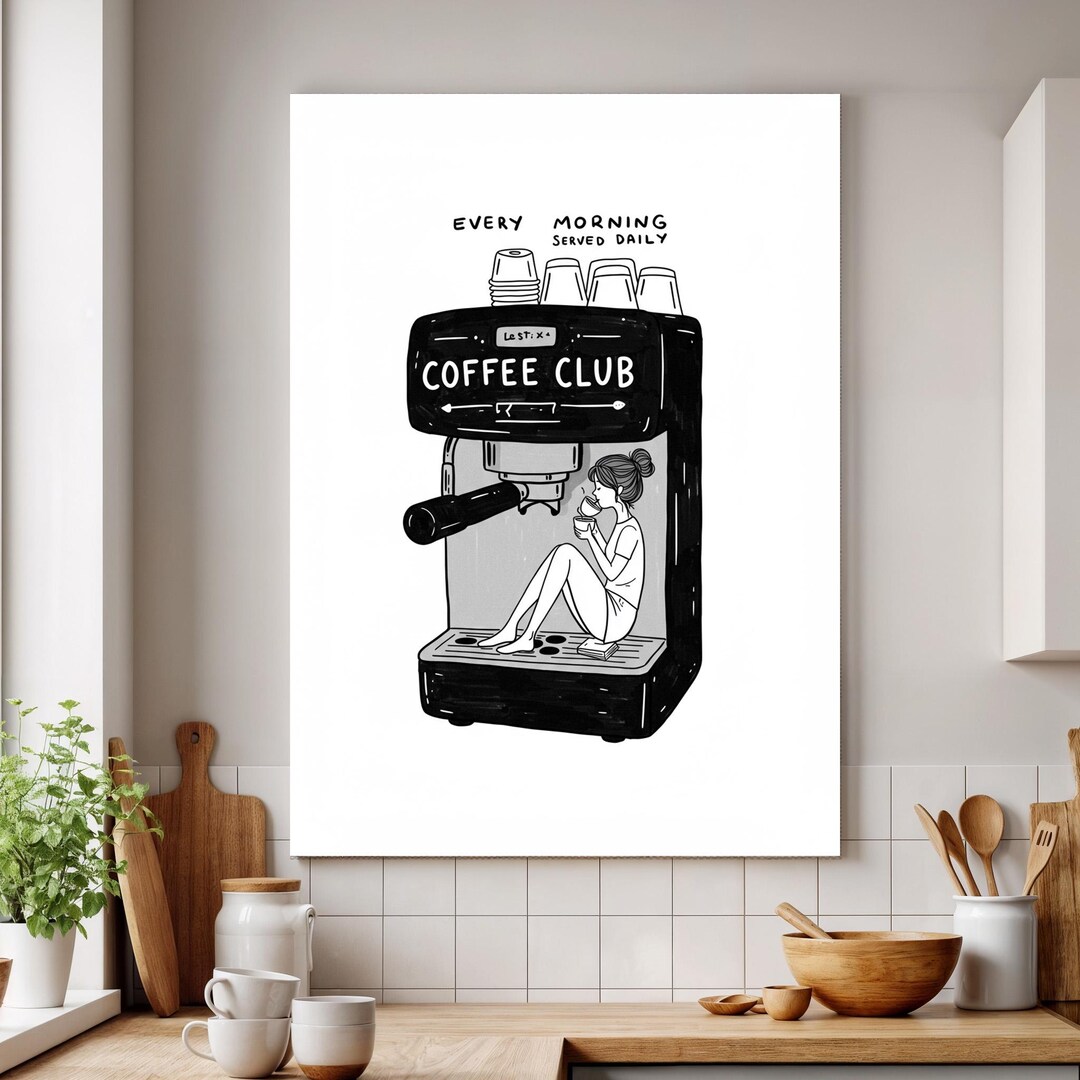 Coffee Club Wall Art, Funny Espresso Machine Poster, Minimalist Kitchen ...