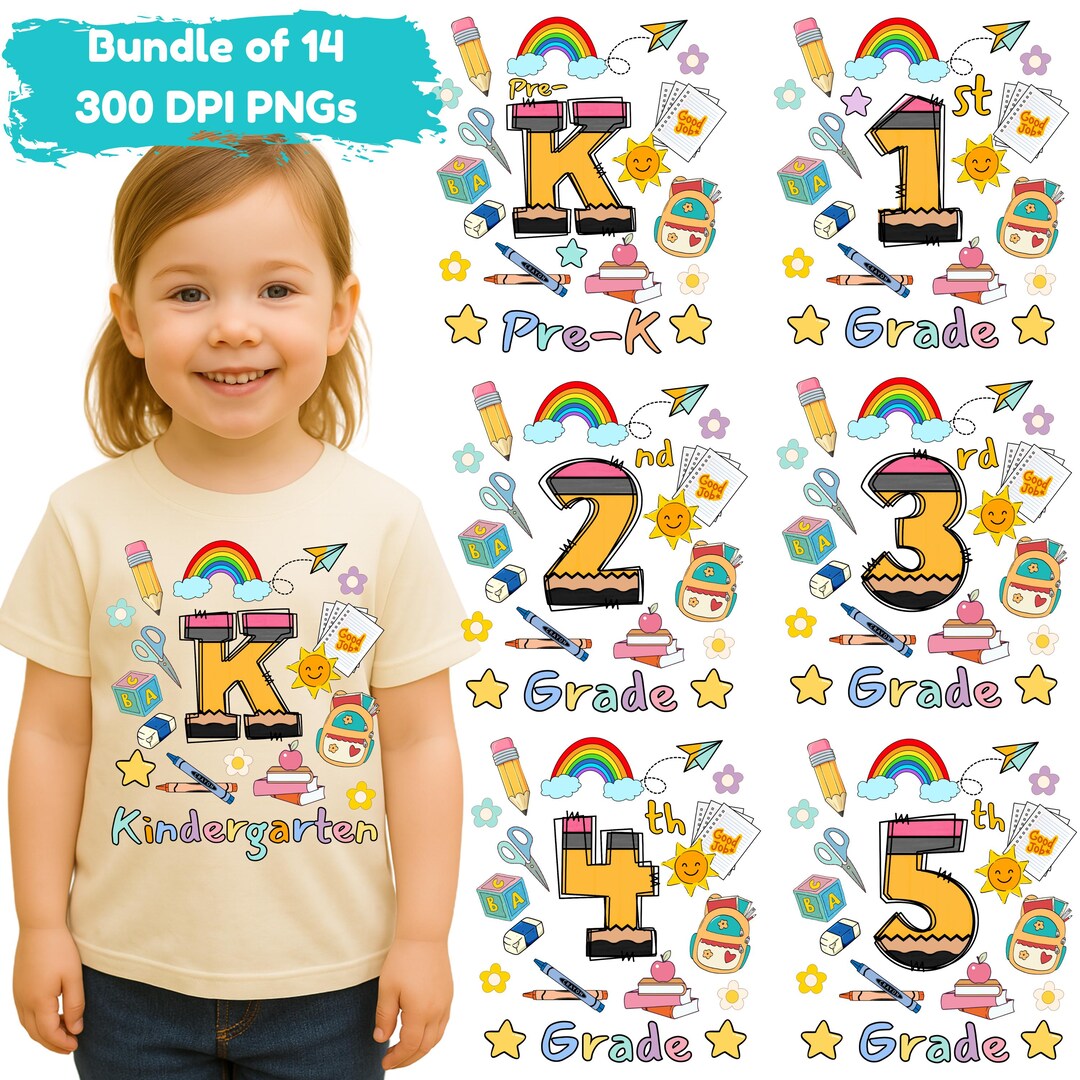 Back to School PNG Bundle: Pre-k - 5th Grade Designs (digital Download ...