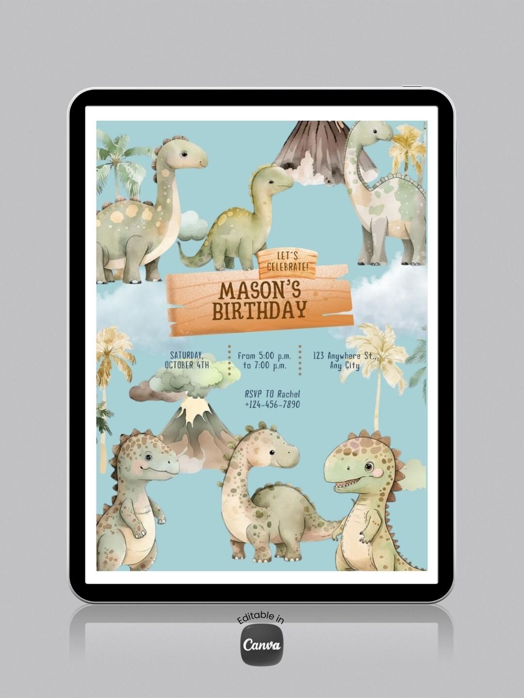 Editable 1st Dinosaur Birthday Party Invitation | Canva Template | 5" X ...