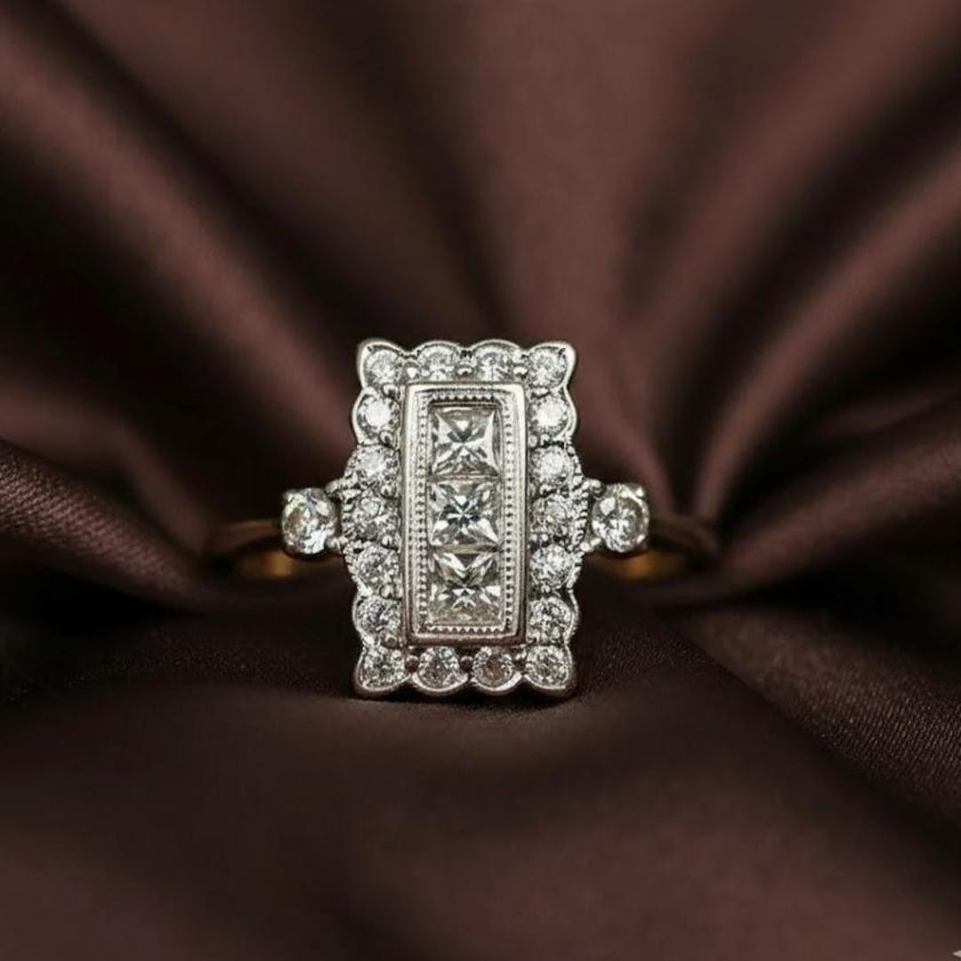 Vintage Rectangle Halo Ring, Princess Cut Three Stone Ring, Engagement ...