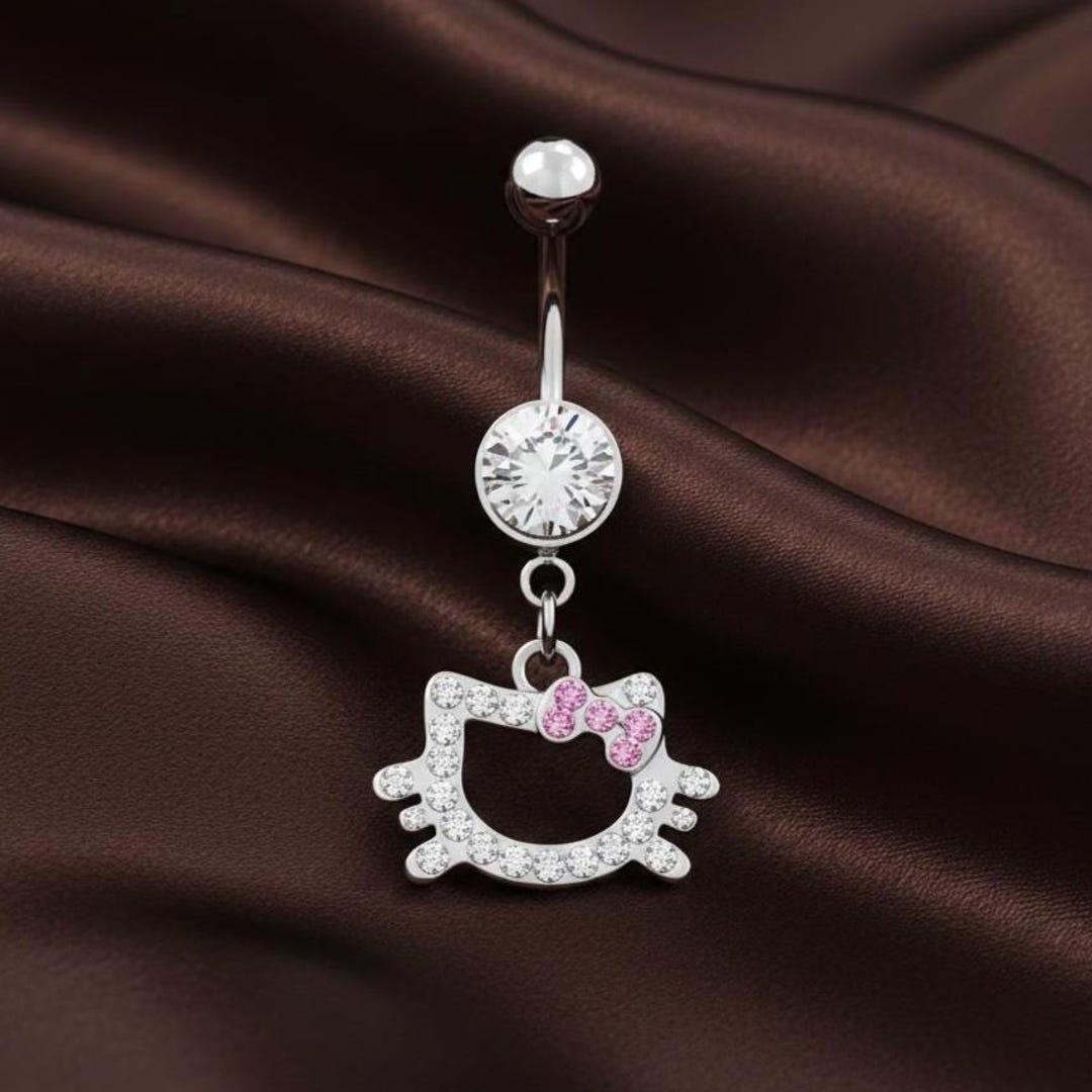 Pink Ruby Kitty Charm Belly Ring, Diamond CZ Dangle Navel Piercing, 925 ...